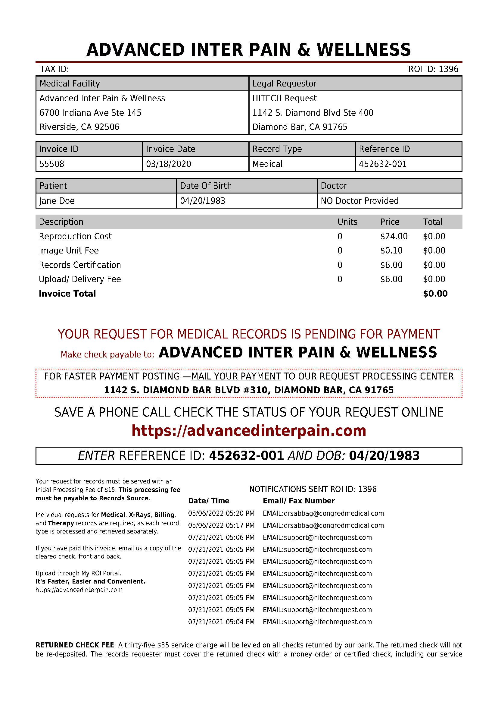 Advanced Inter Pain & Wellness | Records Fees